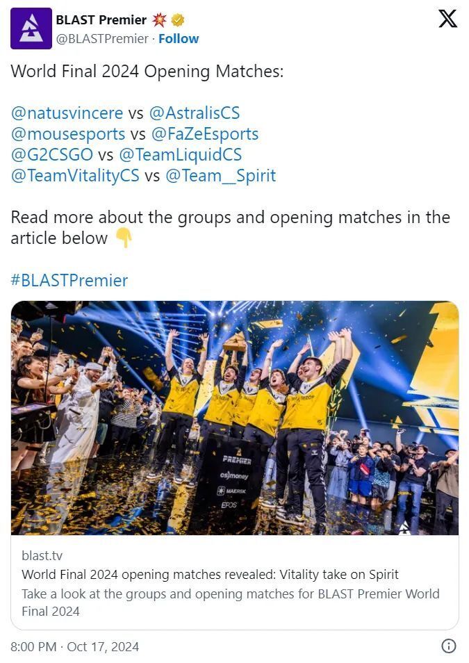 2024年CS职业赛事奖金累计高达2327万美元！BLAST世界总决赛分组与赛程公布_腾讯新闻