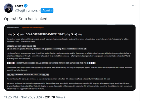 炸裂！OpenAI的Sora惨遭泄露，有人用上了_腾讯新闻