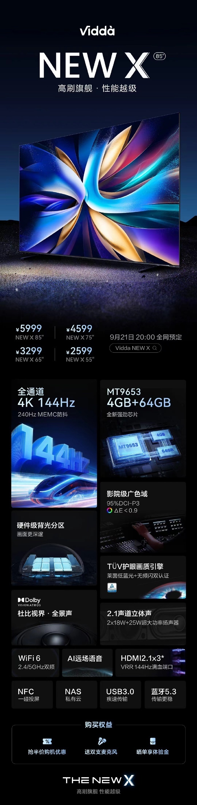 Vidda New X 游戏电视双 11 预售，85 英寸 5599 元_腾讯新闻