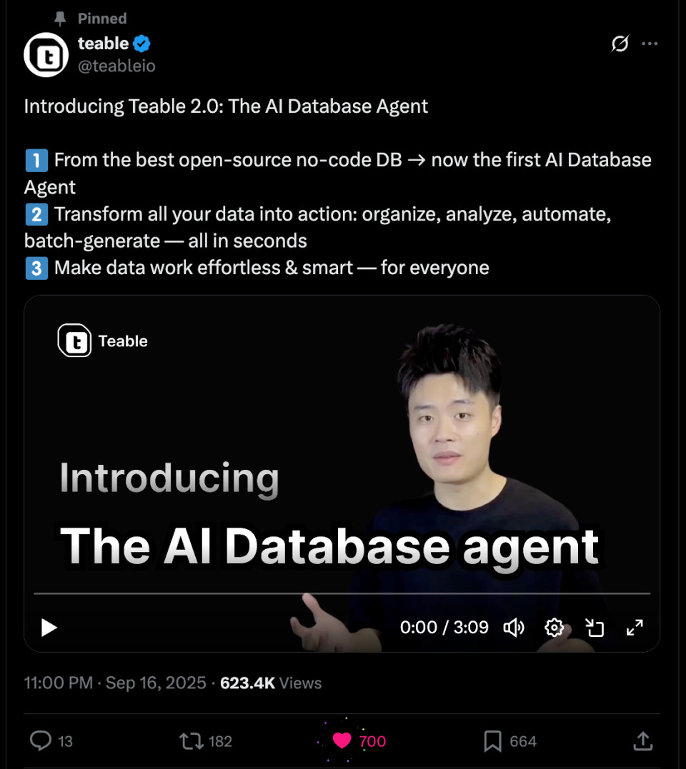 速递｜Teable 宣布完成数百万美元天使轮融资，发布全球首款多维表格智能体 AI Database Agent_腾讯新闻