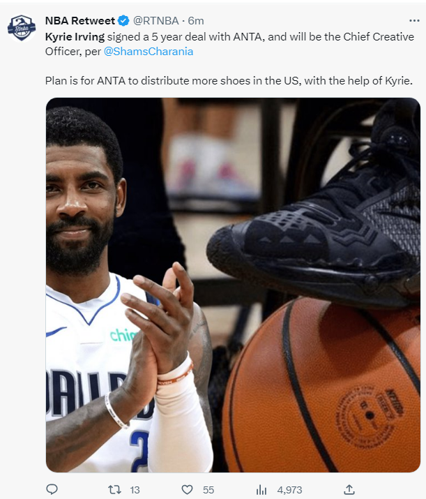 官宣！欧文与安踏签约5年开启全新商业模式 欧文继母连创历史纪录_腾讯新闻