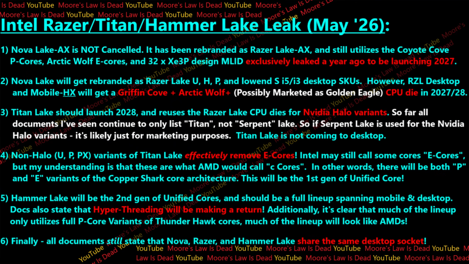 英特尔 Hammer Lake 处理器将引入统一核心架构并重拾超线程技术_腾讯新闻