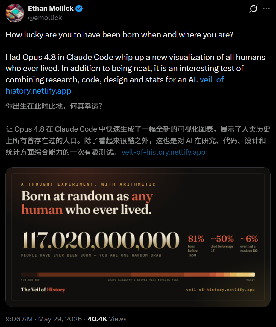 Opus 4.8连夜算尽1170亿人命运，一句话敲出人类投胎模拟器_腾讯新闻