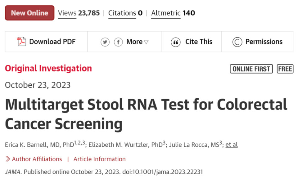JAMA：检测肠癌灵敏度高达94%！创新多靶点粪便RNA检测有望助力肠癌筛查_腾讯新闻