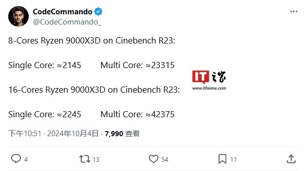 AMD 锐龙 7 9800X3D 处理器 Cinebench R23 跑分曝光_腾讯新闻
