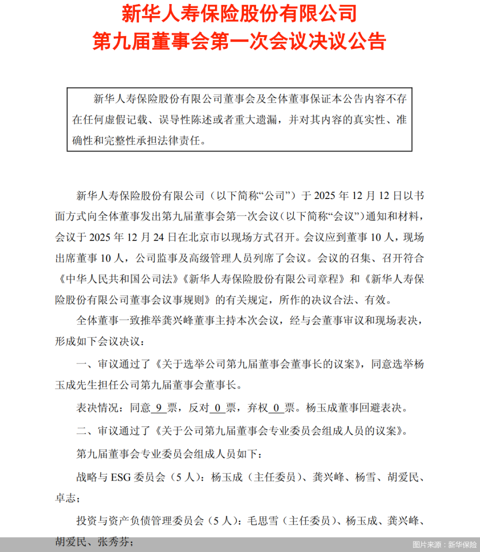 新华保险：选举杨玉成担任公司第九届董事会董事长_腾讯新闻
