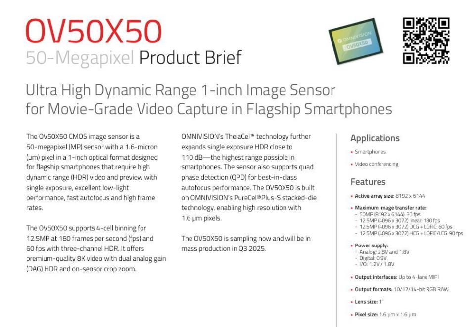 消息称 新一代旗舰正在评估豪威OV50X一英寸主摄 动态范围达110dB_腾讯新闻