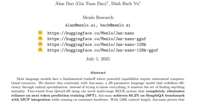 Menlo Research新突破：4B参数的Jan-nano如何用“搜索能力”击败671B参数巨无霸模型_腾讯新闻