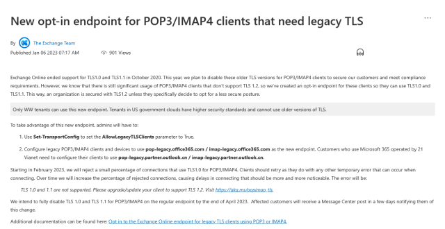 Exchange Online下月终止为 POP3和 IMAP4 提供TLS 1.0/1.1 支持_腾讯新闻