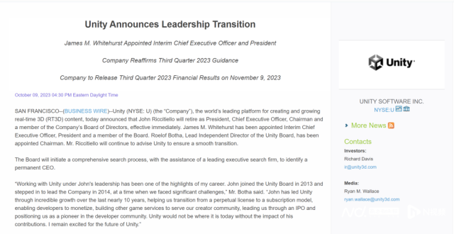Unity新收费模式推出一月后，干了9年的CEO离职了_腾讯新闻