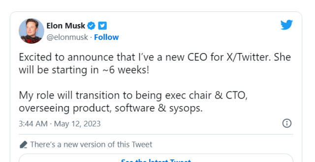 马斯克宣布将卸任推特 CEO：已找到接班人，自己要去当 CTO_腾讯新闻
