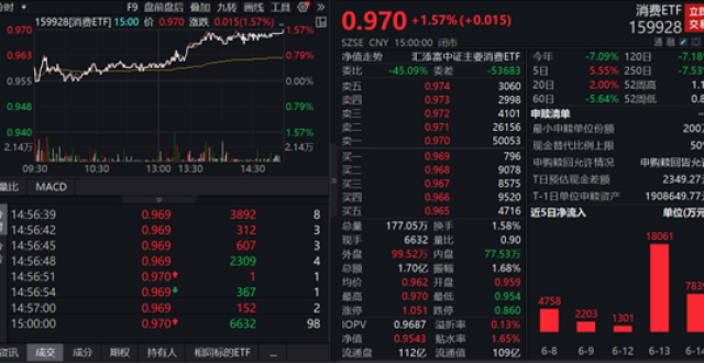 消费连涨4天，消费ETF（159928）今日涨幅超1.5％，连续9日净流入_腾讯新闻