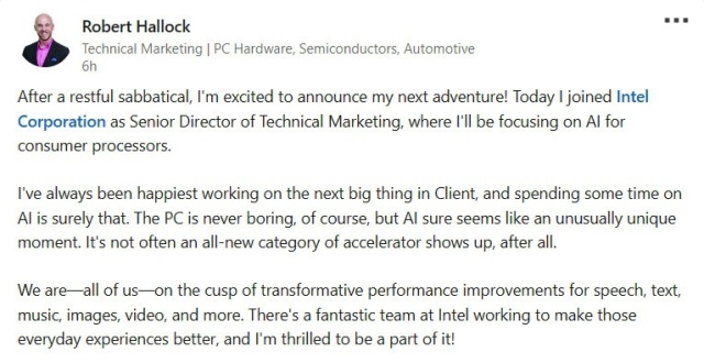 AMD 12年老将Robert Hallock加盟英特尔，任“高级技术营销总监”_腾讯新闻