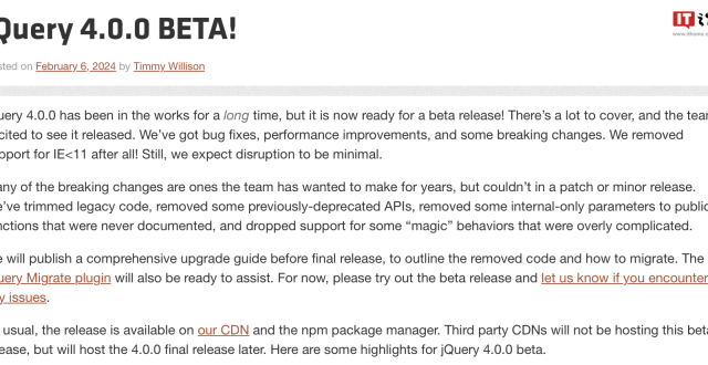 轻量 JavaScript 框架 jQuery 推出 4.0 测试版，放弃支持 IE 10_腾讯新闻