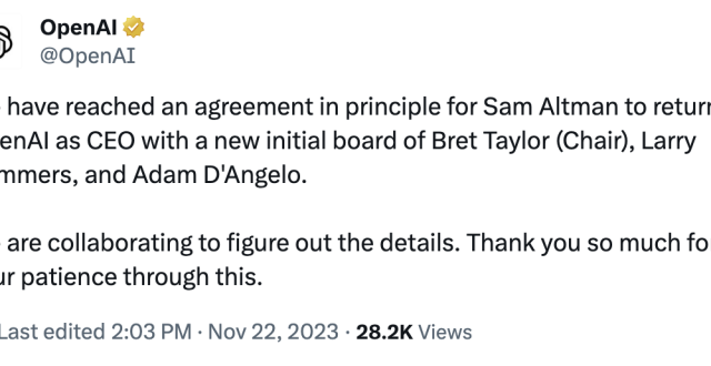 OpenAI：Sam Altman 将回归 OpenAI 担任首席执行官_腾讯新闻