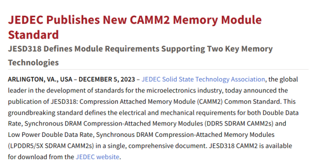 JEDEC发布CAMM2规范，取代SO-DIMM，为下一代笔记本内存标准_腾讯新闻
