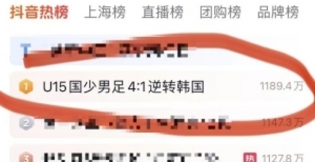 热度超千万！中国U15国少4-1韩国U15国少登上抖音热榜榜首_腾讯新闻