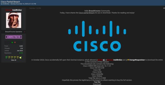 黑客组织 IntelBroker 披露 10 月入侵思科公司所获“机密文件”_腾讯新闻